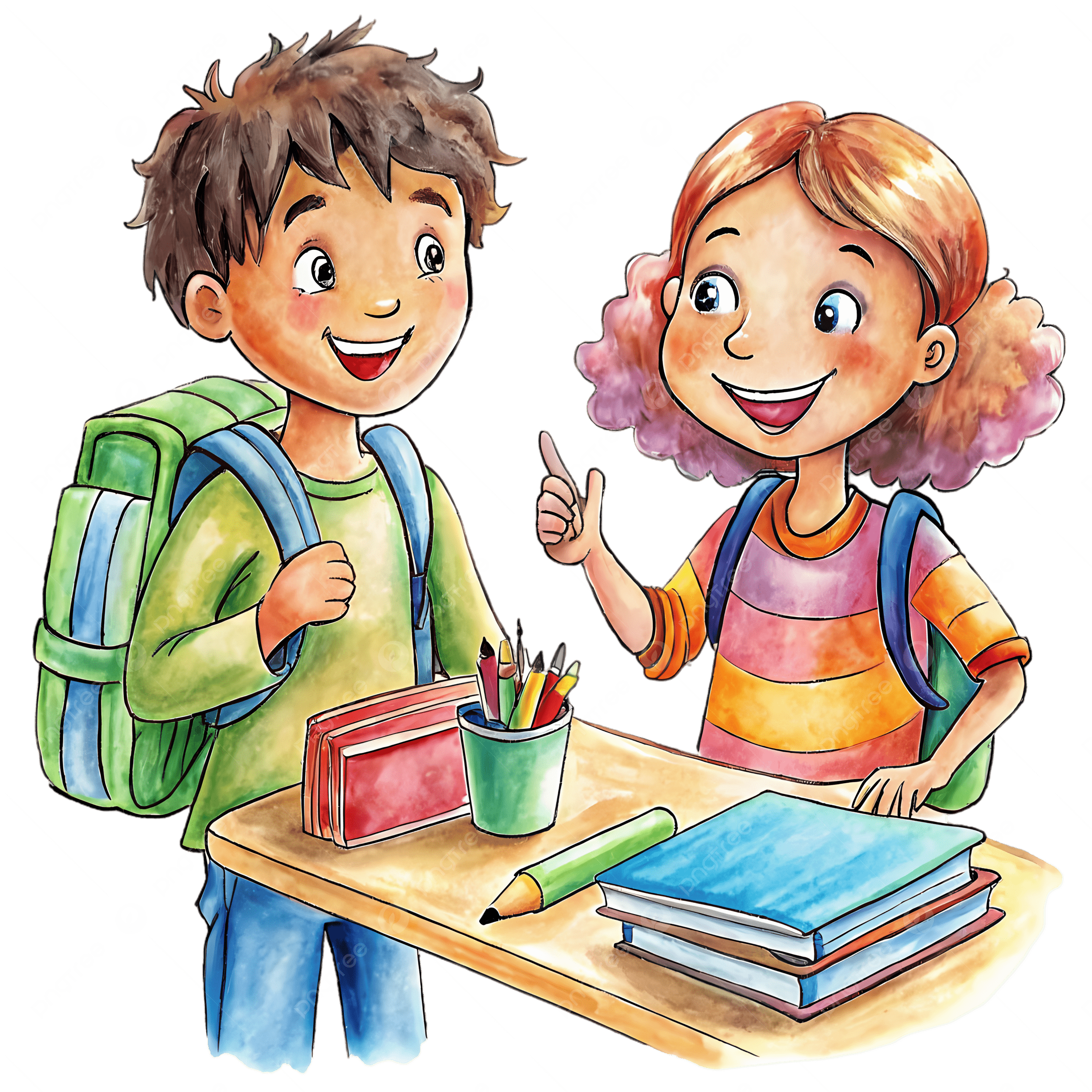 School Tools And Smiling Kids At Table, Cartoon Kids Comparing School ...
