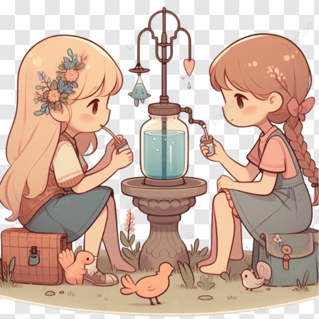 Two Little Girls Sitting Near The Lack On Transparent Background, Girls ...